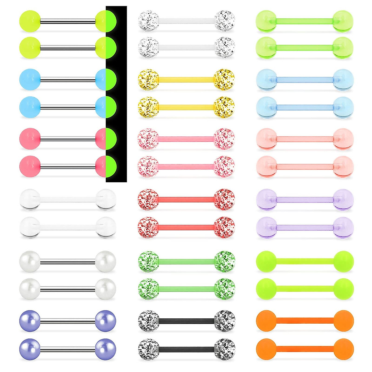 PiercingArt Glow In Dark Plastic Tongue Nipple Rings Neon Rubber Acrylic Nipple Tongue Piercing Jewelry Bioplast Nipplering Jewelry Set Surgical Steel Barbells for Women Men 16mm 14G
