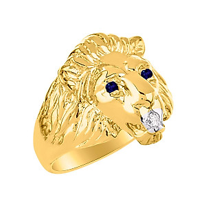 Rylos Conversation Starter Diamonds & Sapphire Eyes & Mouth of this Lion Head Ring Set in 14K Yellow Gold Plated Silver Size 9