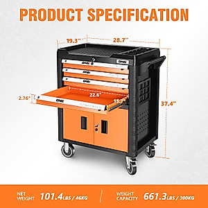 DNA MOTORING 4-Drawers Roller Tool Chest Cabinet with Casters, Locking System, Top Worktop, for Garage Warehouse Workshop, Orange, TOOLS-00402