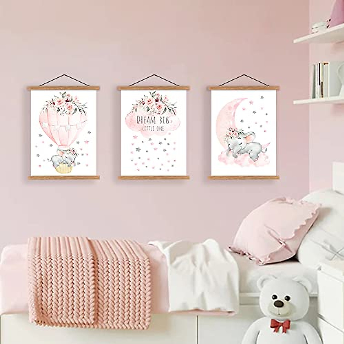 Canssape Pink Elephant Nursery Wall Decor Set of 4 Baby Girl Room Decor Elephant Wall Art Goodnight On A Hot Air Balloon |Dream big little one|(8x10in)(Unframed)