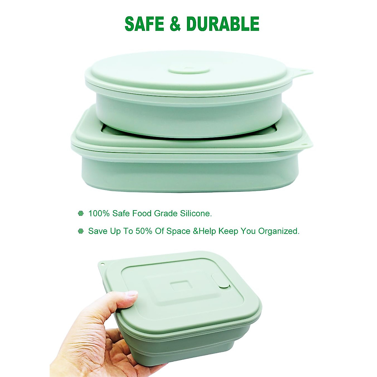 FUSMYE Set of 2 Collapsible Pure Silicone Food Storage Containers With Lids, BPA Free, Rectangle and Round Bento Lunch Box Containers Airtight, Microwave,Dishwasher and Freezer Safe for Camping