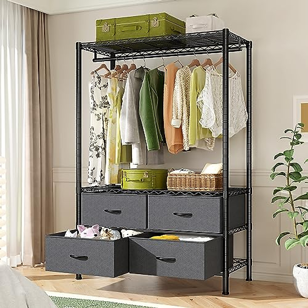 Raybee Clothes Rack, Clothes Racks for Hanging Clothes, Clothing Racks for Hanging Clothes, Clothing Rack Heavy Duty Clothes Rack with Drawers Load 450LBS Wardrobe Closet Rack Garment Rack Black