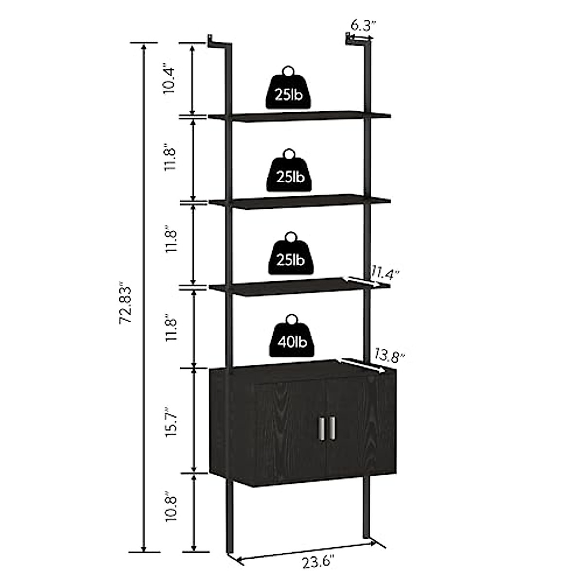 Yusong 73" Tall Bookshelf with Cabinet, Industrial Ladder Wall Mount Shelf Bookcase with Wood and Metal Frame, Plant Shelf Wall Storage Display for Living Room Bedroom, Black Wood Grain