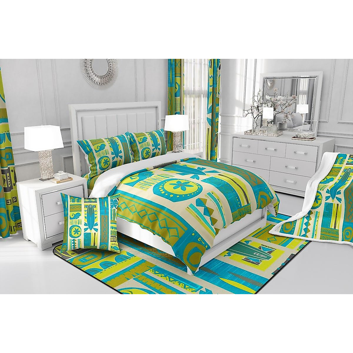 Exotic Tiki Pattern Duvet Cover, Tropical PineBedding Set, Tribal Style For Kids Boys Girls Comforter Cover, Abstract Ocean Beach Quilt Cover Bed Decor With 2 Pillow Shams Queen Size, Blue