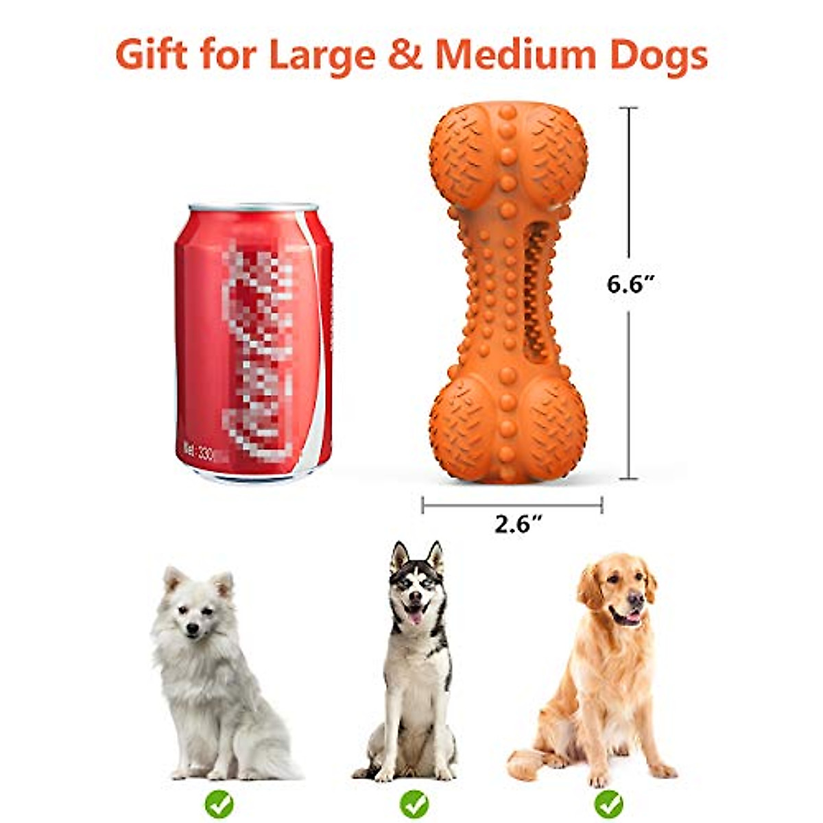 SCHITEC Squeaky Dog Chew Toy, Tough Durable Natural Rubber Bone with Toothbrush, Indestructible for Aggressive Chewers Large Medium Breed Teeth Cleaning