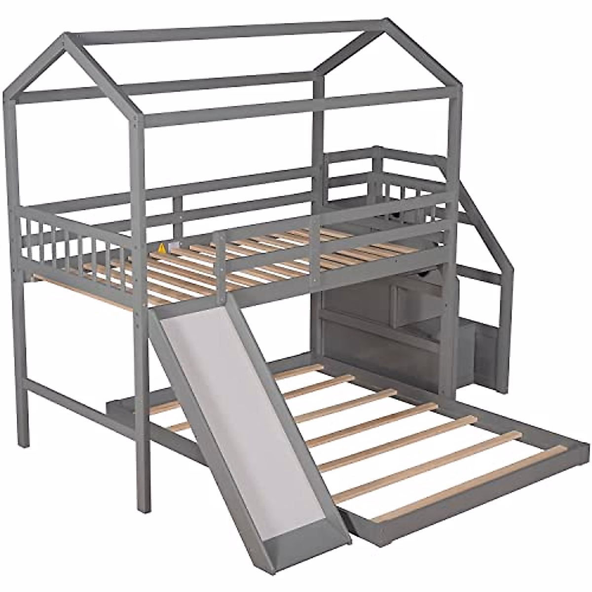 DNYN Stairway Twin Over Full Bunk Bed with Slide and Storage Staircase for Kids Bedroom,House Shaped Wooden Bedframe w/Full-Length Guardrails,No Box Spring Needed, Gray