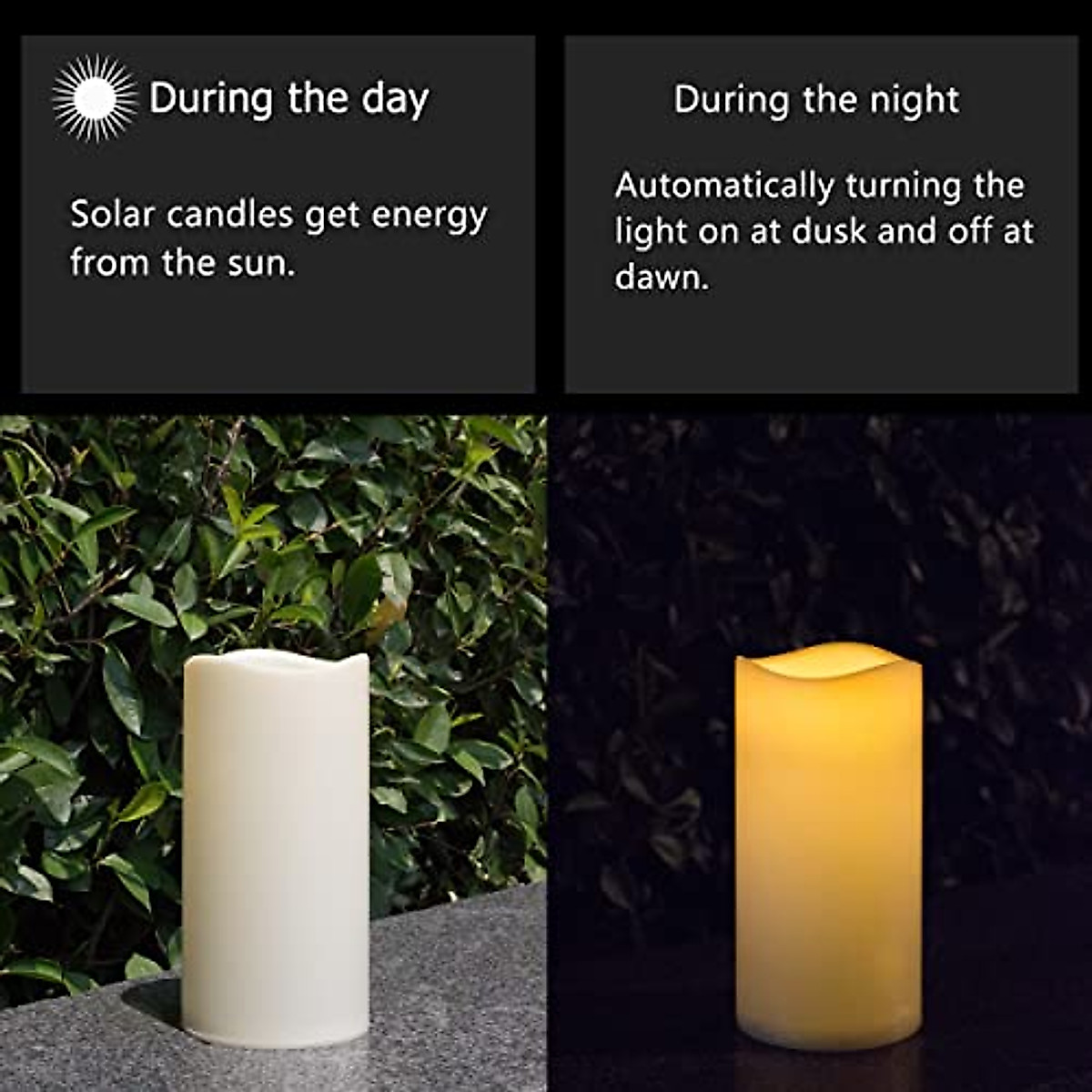 TFROSIM 3" x 6" Solar Candles Outdoor Waterproof with Dusk to Dawn Light Sensor,2 PCS Flameless Candle Set,Flickering LED Pillar Candles for Lantern Patio Garden Lawn Deck Yard