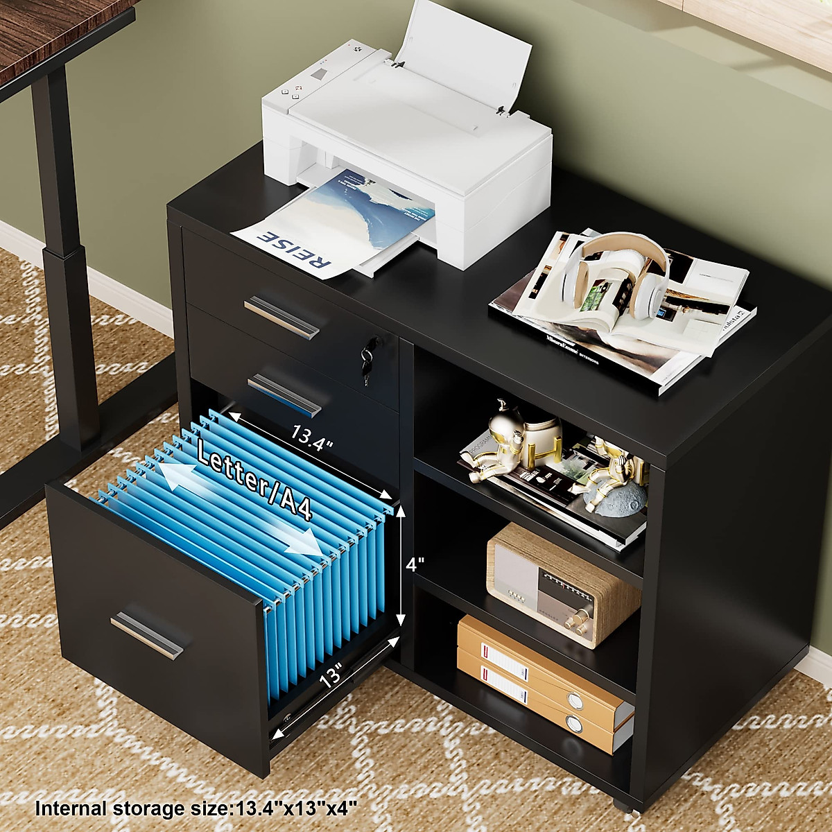 Kemon 3 Drawer Wood File Cabinet Mobile Lateral Filing Cabinet with Lock Printer Stand with Open Adjustable Storage Shelves for Home Office Organization Hanging Letter/Legal/F4/A4(Black)