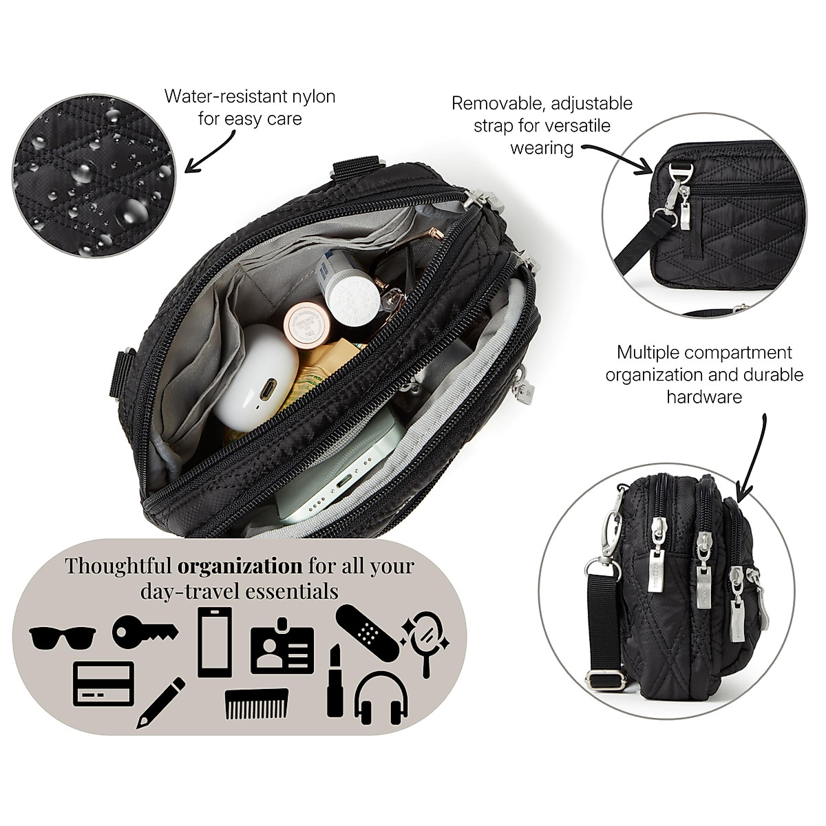 Baggallini womens Triple Zip Bagg, Black Quilt, One Size US