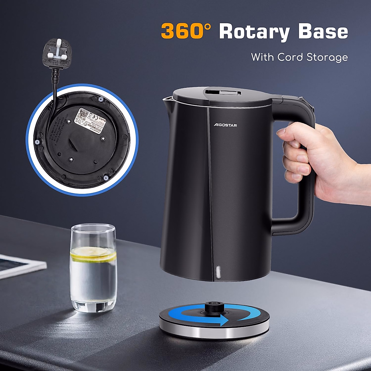 Aigostar Electric Kettle, 1.7L Double Wall 304 Stainless Steel Interior Hot Water Boiler Heater, 1500W Fast Boiling, Cool Touch Electric Tea Kettle, Auto Shut-Off, Boil Dry Protection, BPA-Free, Black