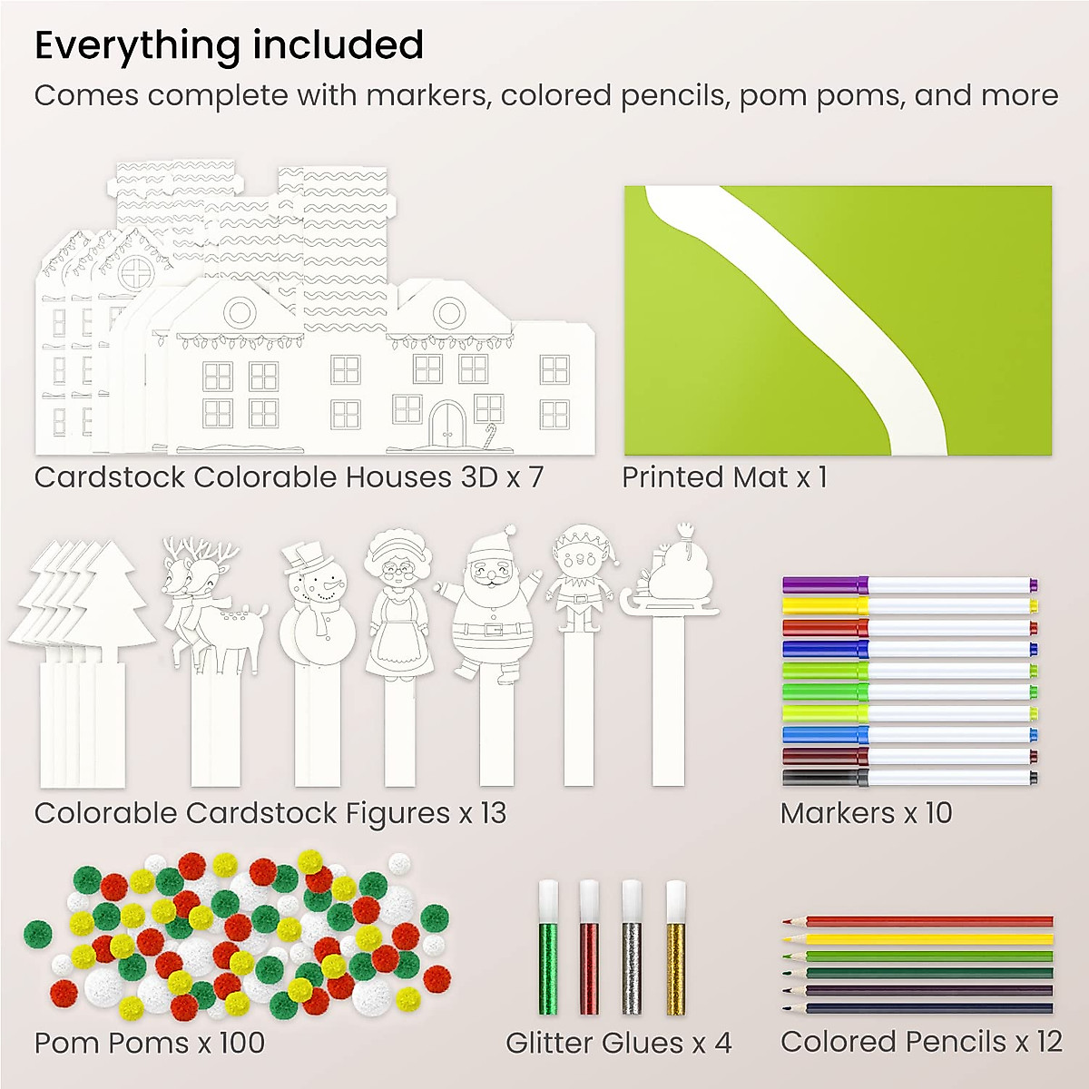 Arteza Kids Christmas Village Kit, 3D Holiday Kit Includes 20 Colorable Cut Out Cardboard Crafts, Glitter Glue, Pom Poms, Markers, Craft Supplies for Family Activities, Winter and Holiday Parties