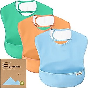 3-Pack Waterproof Baby Bibs for Eating - Lightweight Baby Bib with Food Catcher, Mess Proof Toddler Bibs, Waterproof Bibs for Baby Boys, Baby Girls, Feeding Bibs, Drool Bibs, Baby Food Bibs (Basics)
