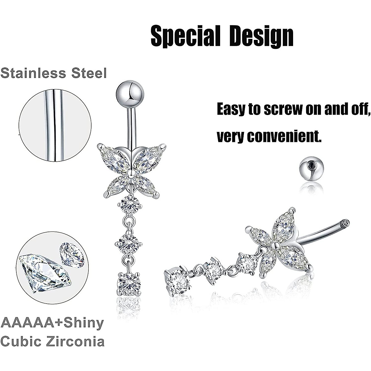 Incaton 14G Belly Button Rings Butterfly Heart Diamond, Stainless Steel Dangle Belly Rings For Women, 6mm Short Bar/ 10mm Hypoallergenic Navel Piercings Silver 6mm