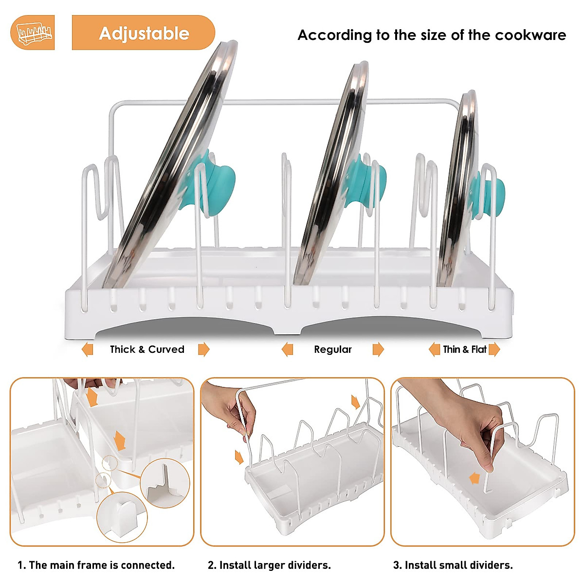 Zvonema ZNM Pan Organizer, Expandable Pot and Pan Organizer for Cabinet, Pots Lid Organizer Rack Holder with 10 Adjustable Compartment for Kitchen Pantry Storage, White