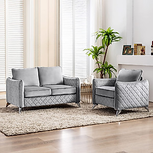 Artechworks Velvet Loveseat Sofa Couch Mid Century Modern, Tufted Upholstery, Reception Love Seats,2-Seat Chair Couch,Office,Home,Bedroom,Livingroom, Apartment, Silver Tone Metal Legs, Grey