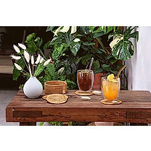 Artera Handmade Natural Rattan Coasters - Round Straw Woven Trivet for Teacup, Wicker Heat Resistant Plate Pad for Hot Pots and Pans, Non-Slip 6 Piece Coaster Set with Holder