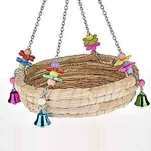 Woven Straw Nest Bed Large Bird Swing Toy with Bell for Parrot Cockatiel Parakeet African Grey Cockatoo Macaw Amazon Conure Budgie Canary Lovebird Finch Hamster Chinchilla Cage Perch