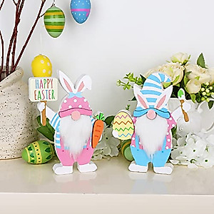 Treory Easter Decorations for The Home, 2 pcs Easter Bunny Shape Gnome Freestanding Wooden Table Centerpiece Signs Easter Gnomes for Tabletop Home Tiered Tray Decor Farmhouse for Easter Gifts