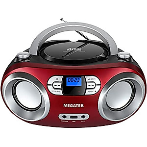 MEGATEK Portable CD Player Boombox with FM Radio, Bluetooth, USB, Aux-in and Headphone Jack, CD-R/RW and MP3 CDs Compatible, Enhanced Stereo Sound, AC/Battery Operated - Cherry Red