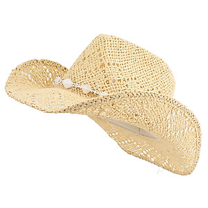 Pro Celia Men Women Cowgirl Straw Western Cowboy Hat (Bead-Beige)