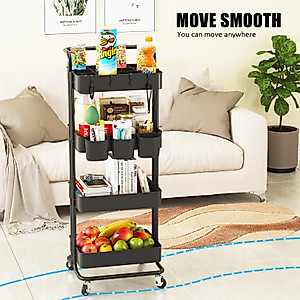Devo 4 Tier Utility Rolling Cart, Heavy Duty Storage Cart, with Handle, 4 Side Hooks, 2 Storage Cups and Lockable Wheels, Organizer Cart for Bathroom Kitchen Office Classroom, Black