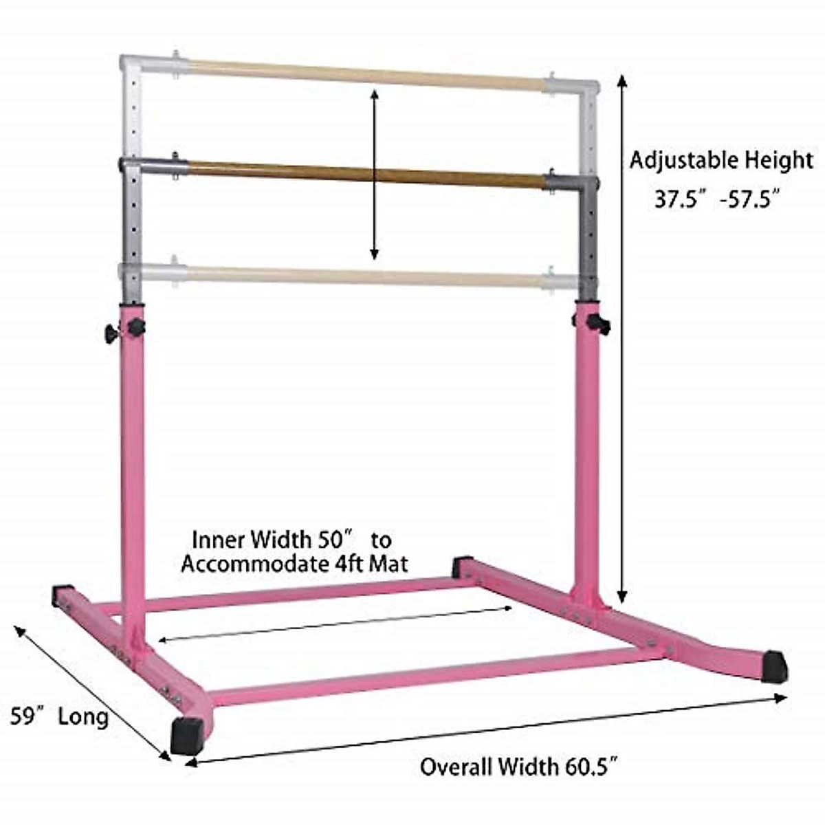 Pro-Gymnastics Expandable Kip Bar Adjustable Height for Gymnastics 3 to 5 FT Gymnastics Bar, with 6 FT x 4 FT Tumble Mat, Horizontal Junior Training Bar Cushioned Bar & Curved Legs (Pink)
