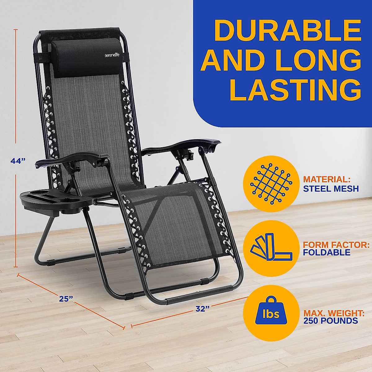 SereneLife Zero Gravity Chairs Set of 2 - Adjustable Steel Mesh Lawn Chairs - Outdoor Lounge Chairs with Detachable Cup Holder Tray - Foldable Outdoor Chair with Removable Pillows - Off Black