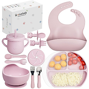 Vivalada Silicone Baby Feeding Set - 12PCS Baby Led Weaning Supplies, Baby Suction Plate with Lid and Bowl Set, Baby Self Feeding Spoons Forks Sippy Cup and Bib, Baby Eating Set 6+ Months (Pink)