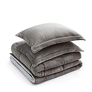 ART DEMO Home Ultra Soft Plush Sherpa Fleece Comforter Bed Set with Pillow Shams for All Season, 3 Piece, Full/Queen Size, Charcoal Grey