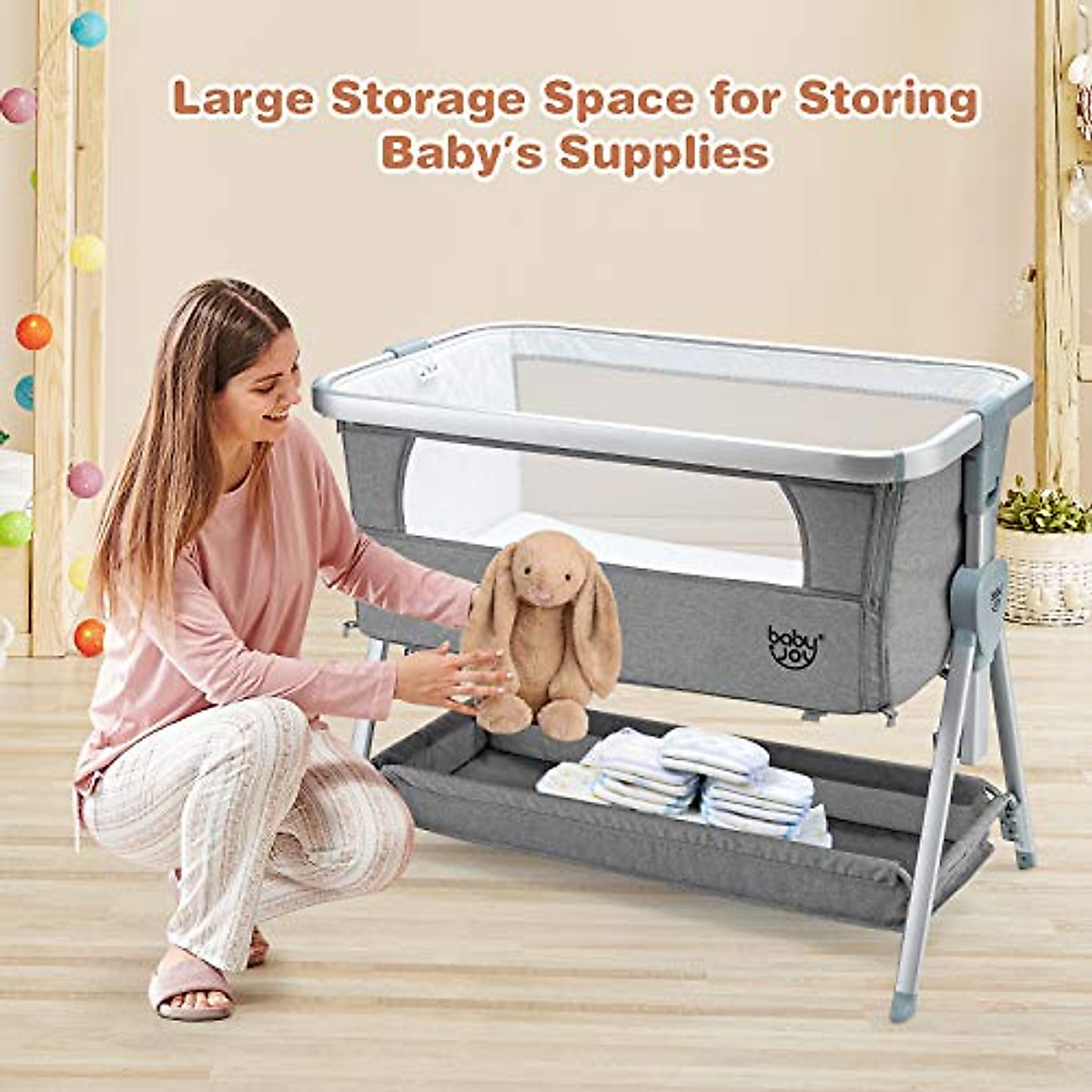 BABY JOY Bedside Bassinet, Portable Baby Crib w/Mattress, Two-Side Breathable Mesh, 7 Height Adjustable, Large Storage, Wheels for Easy Movement, Crib for Newborn Infant, Bassinet for Baby, Grey