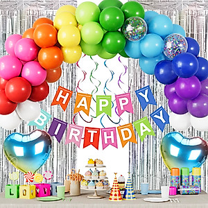 RUBFAC Rainbow Birthday Decorations, Colorful Balloon Garland Arch Kit, Happy Birthday Banner, Shiny Silver Fringe Curtain, Heart Foil Balloons, Hanging Swirls, Baby Shower Birthday Party Supplies