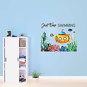 Children Just Swimming Cute Sports Wall Decal Decoration Underwater Creatures with Submarine Cartoon Decal Lasts Years and Easily Removable - Size: 10 in(W) x 8 in(H)