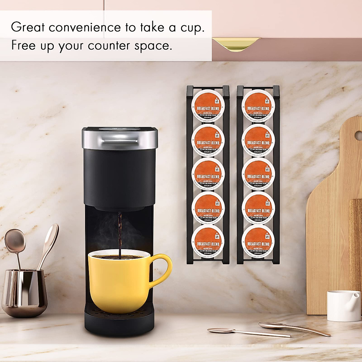 KES Coffee Pod Holder for Keurig, Side Mount Coffee Pod Holder Adhesive, Sturdy Metal K Cup Organizer and Storage, Matte Black, 2 Pack/For 10 K Cups, KCPH500-BK-P2