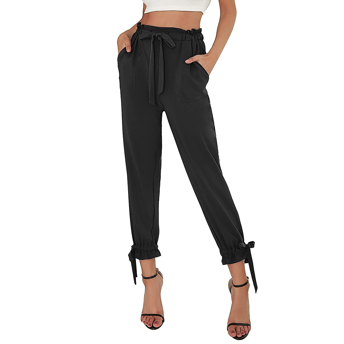 GRACE KARIN Women's Pants Casual Trouser Paper Bag Pants Elastic Waist Slim Joggers Black