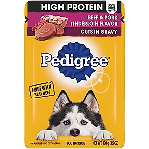 Pedigree High Protein Wet Dog Food Pouches, Beef and Pork Tenderloin Flavor Cuts in Gravy, 3.5 oz. Pouches, 16 Count