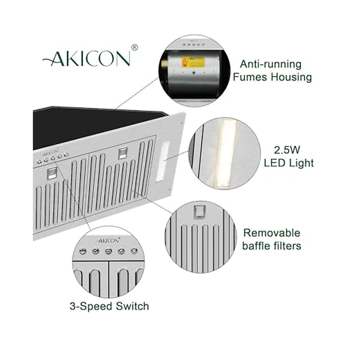 Akicon 30 Inch Range Hood Insert, Ultra Quiet Stainless Steel Ducted Insert/Built-in Kitchen Vent Hood with Powerful Suction, LED Lights and Dishwasher Safe Filters, 3-Speeds 600 CFM