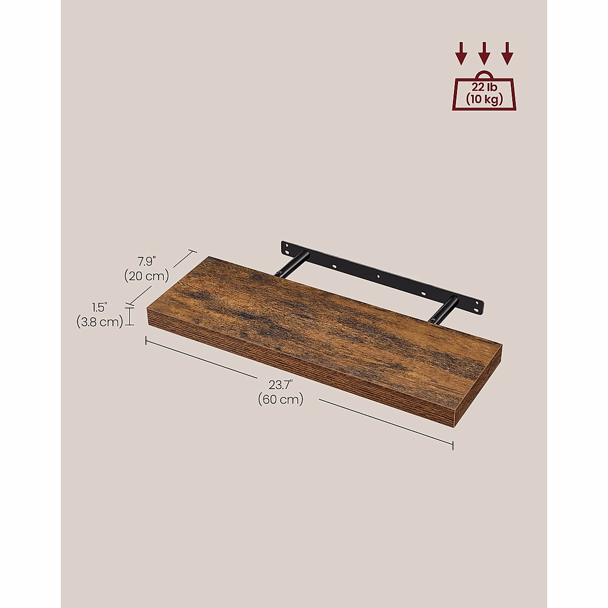 VASAGLE Wall Shelves Set of 5, Floating Shelves, Wall Mounted, 8 x 23.6 x 1.5 Inches, Display Shelves for Picture Frames, Wall Decor, Hanging Shelf for Living Room, Kitchen, Rustic Brown ULWS076B01