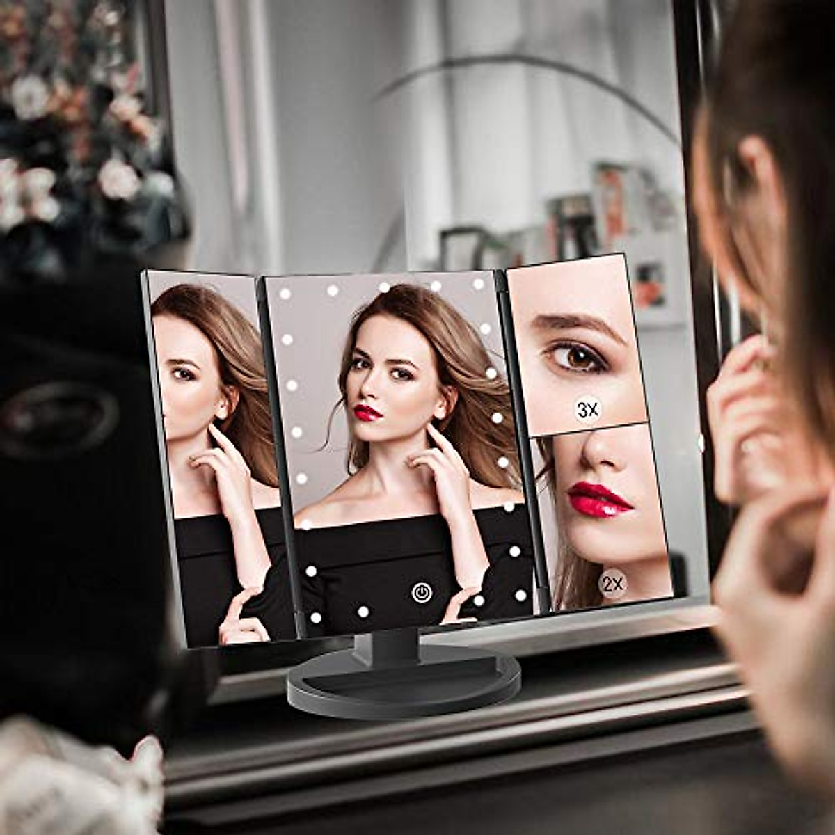 WEILY Makeup Mirror with 21 LED Lights,Two Power Supply, Touch Screen and 1x/2x/3x Magnification Tri-Fold Vanity Mirror, Gift for Women (Black)