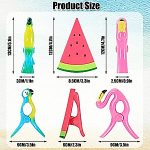 Whaline 6Pcs Beach Towel Clips Flamingo Parrot Watermelon Shaped Clothes Pins Cute Portable Towel Holders Plastic Towel Pin for Sun Lounger Patio Pool Beach Chairs Blanket Sun Beds, 3 Designs