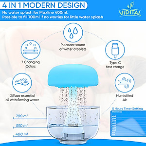 VIDITAL Raining Cloud Diffuser with Rain 7 Changing Colors, Rain Cloud Humidifier Night Light, White Noise, Relaxing Rain Sounds Aid, ECO-Friendly, 6 Decorations Included