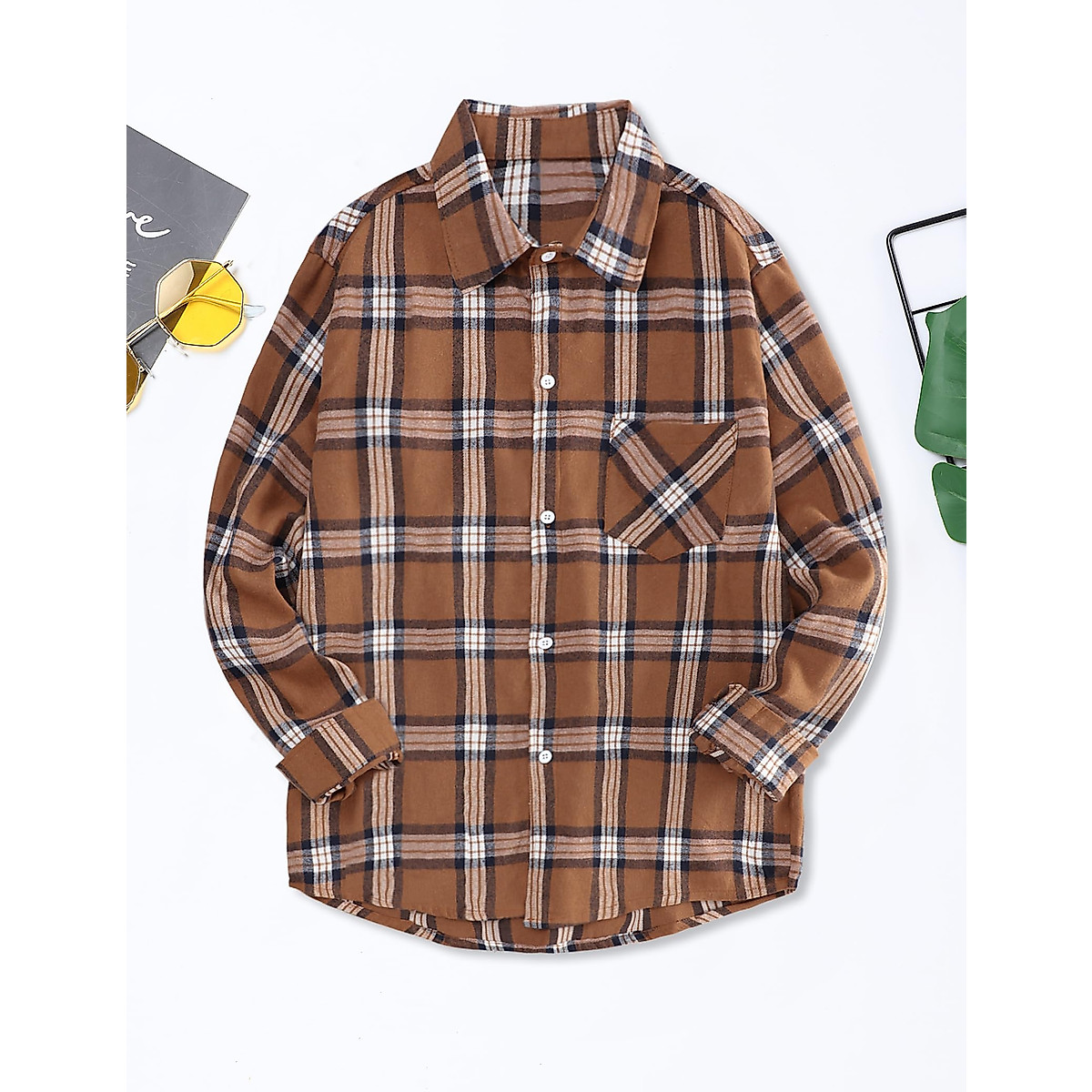 Fuermos Button Down Shirt Men Plaid Shirts Brown XL