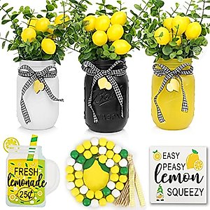 Lemon Kitchen Decor and Accessories, Lemon Mason Jar Decor, Summer Farmhouse Decoration for Home Tiered Tray, Lemon Tray Decor Rustic Buffalo Plaid Farmhouse, Summer Decoration of Housewarming Gift
