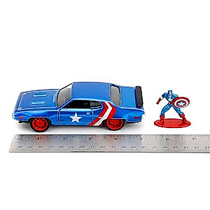 Jada 1972 Plymouth GTX Candy Blue with Red and White Stripes and Captain America Diecast Figure The Avengers Hollywood Rides Series 1/32 Diecast Model Car