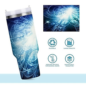 RPLIFE Galactic Bloom Blue 40 Oz Tumbler with Handle and Straw, Stainless Steel Tumbler, Insulated Coffee Mug with Lid