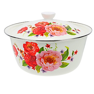 DOITOOL Vintage Enamel Basin Large Retro Enamel Bowl Flower Printed Cooking Pot Tureen Pot with Lid Kitchen Accessories