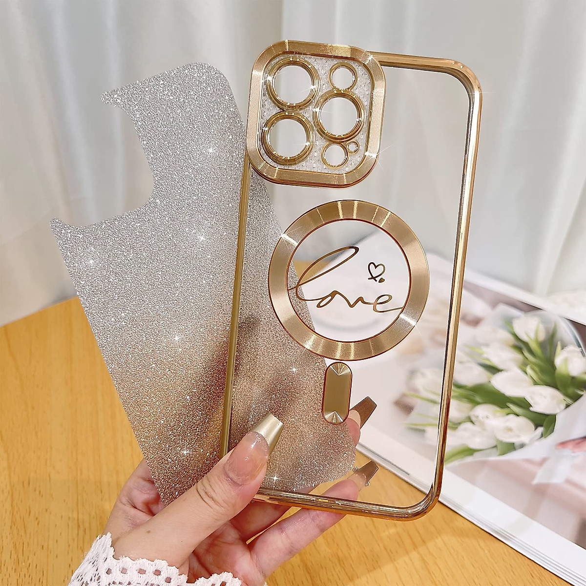 Fiyart Compatible with iPhone 13 Pro Max Case,Compatible with MagSafe Love Heart Plating Camera Protection Clear Phone Case, Magnetic Glitter for Women Girls Shockproof Back Bumper 6.7"-Gold