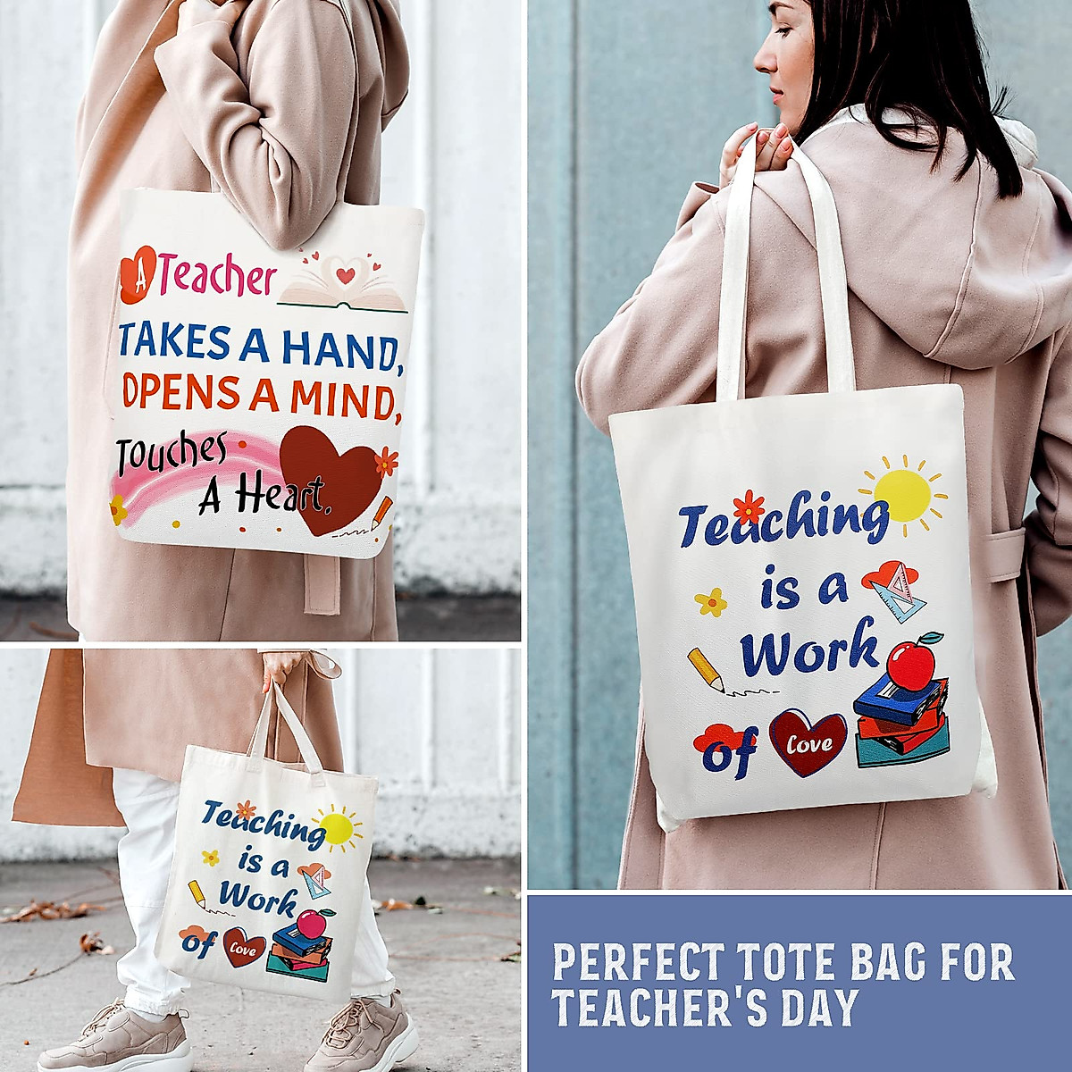 Canvas Tote Bag Teacher Gifts for Women Men from Student, Cute Appreciation Gift Utility Teachers Bags and Totes with Interior Pockets, Birthday Graduation Christmas Thanksgiving Presents (White)