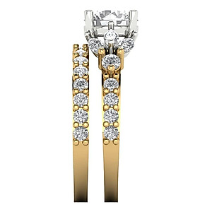 Yellow 14k Gold Solitaire W/Accents Engagement Bridal promise Ring Band Set 2.94Ct Round Cut Clear Simulated Diamond Sz 3.5