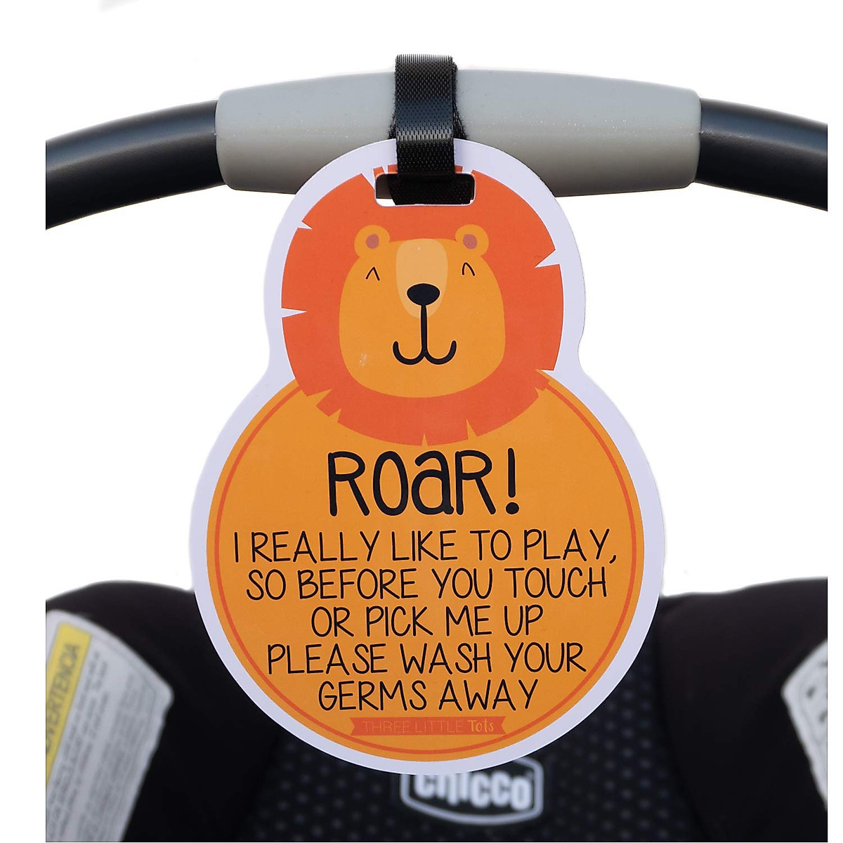 THREE LITTLE TOTS – Animal Theme No Touching Baby Car Seat Sign or Stroller Tag - CPSIA Safety Tested (Lion)