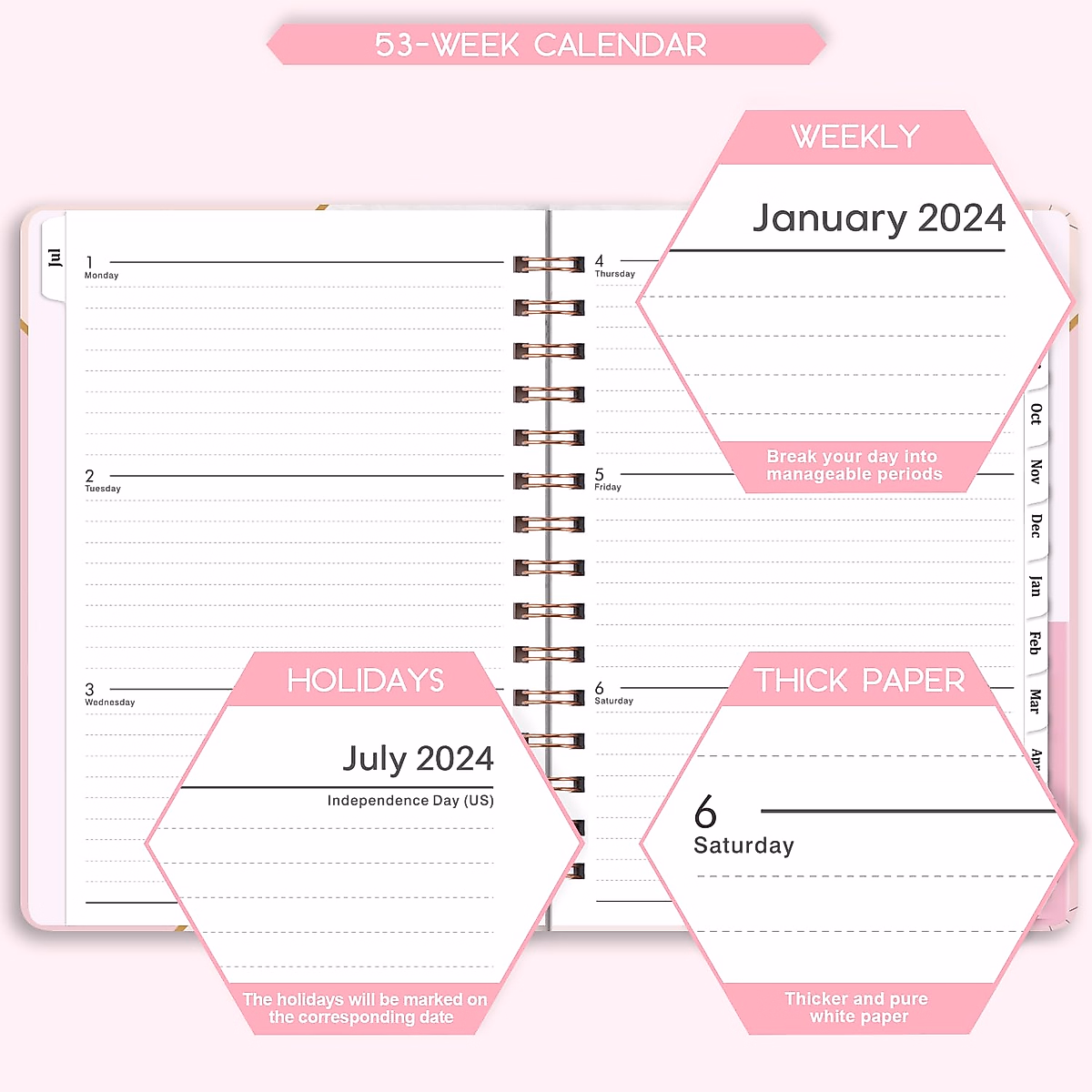 2024-2025 Planner - July 2024 - June 2025, Planner 2024-2025, 6.3" x 8.4", 2024-2025 Weekly and Monthly Planner with Marked Tabs - Pink Marble